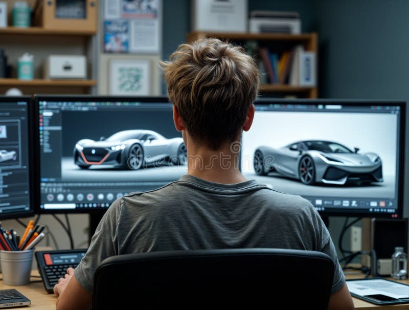 Designer Creates Digital Car Models at Workspace with Dual Monitors in ...