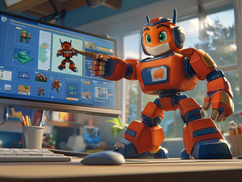 Designer Creates Game Character. Monitor with a Screen Saver. Game ...