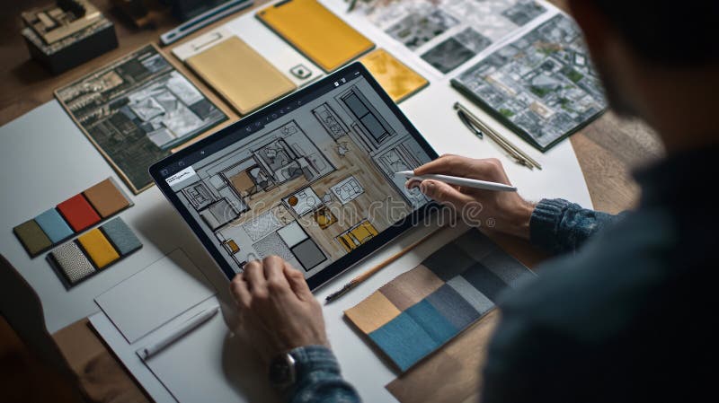 Designer Creates Room Layout on Tablet while Surrounded by Color ...
