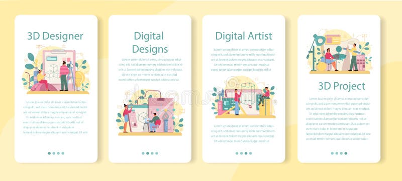 Designer 3D Modeling Mobile Application Banner Set. Digital Drawing ...