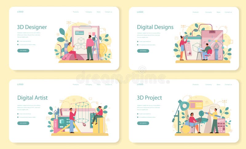 Designer 3D Modeling Web Banner or Landing Page Set. Digital Stock ...
