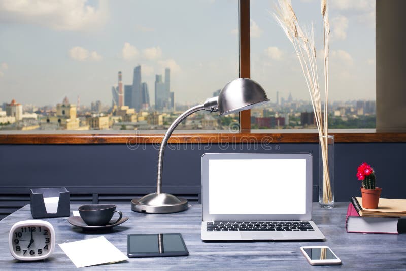 Designer desk front stock photo. Image of items, laptop - 75162938