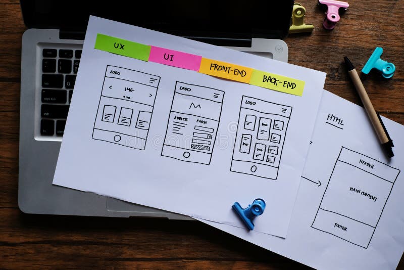 Designer Desk with Wireframe Sketches for Responsive Website. Stock ...