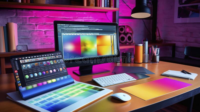 Designer Desktop with Computer and Graphics Tablet. Generative AI Stock ...