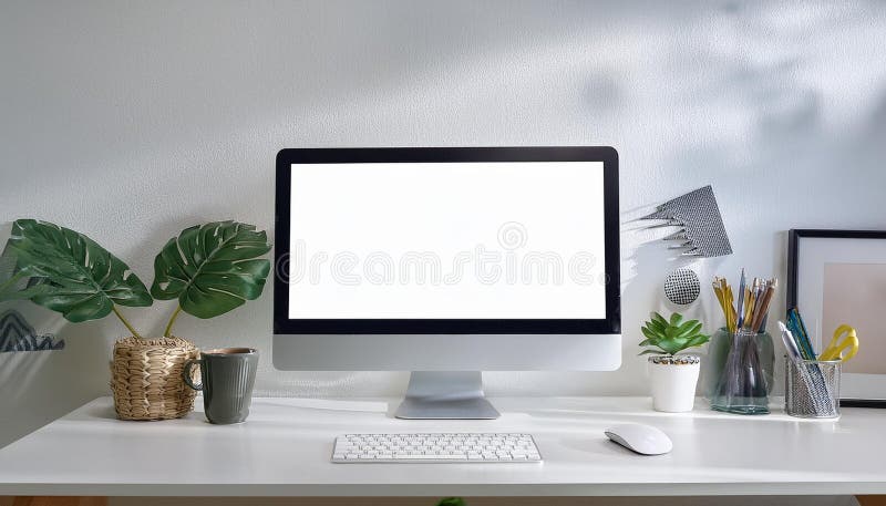 Designer Desktop with Empty White Computer Screen Stock Photo - Image ...