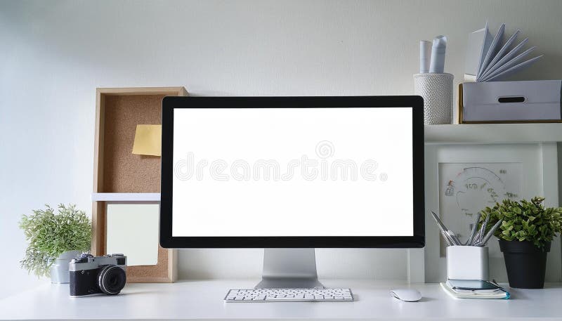 Designer Desktop with Empty White Computer Screen Stock Image - Image ...