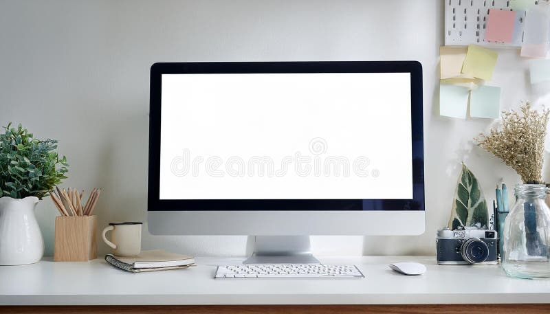 Designer Desktop with Empty White Computer Screen Stock Photo - Image ...