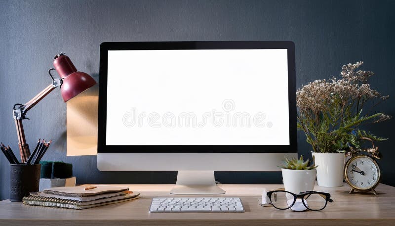 Designer Desktop with Empty White Computer Screen Stock Photo - Image ...