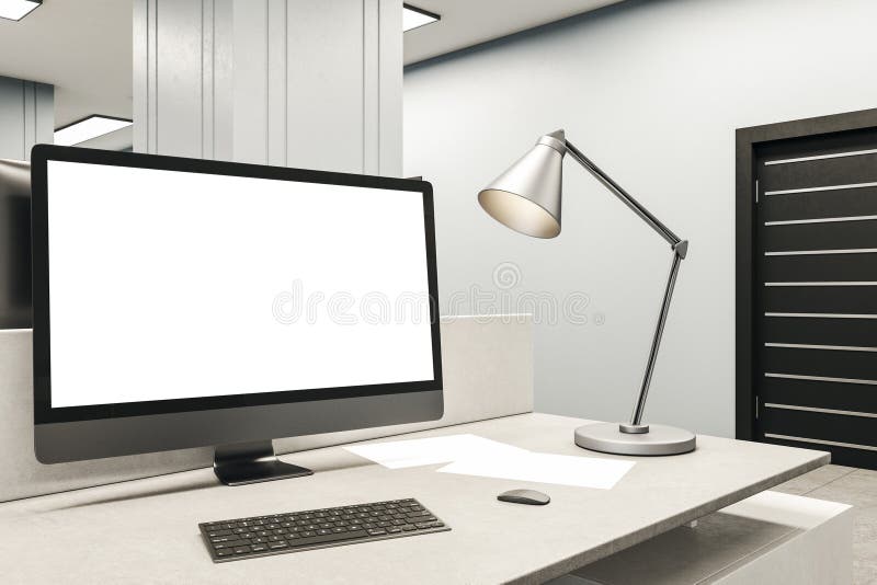 Designer Desktop with Empty White Computer Screen Stock Illustration ...
