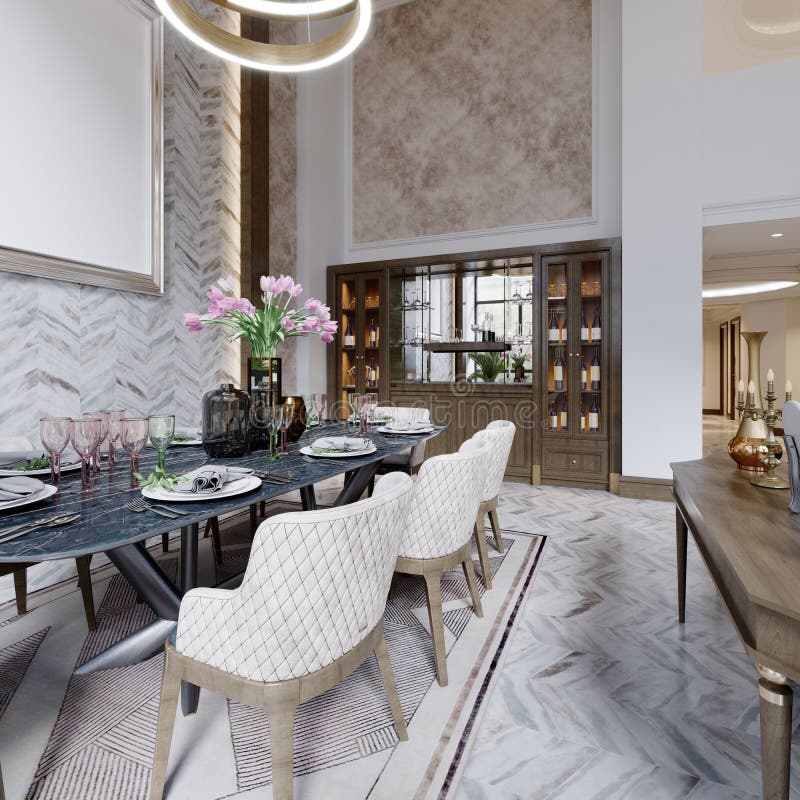 Designer Dining Table in a Luxurious Interior with High Ceilings and a ...