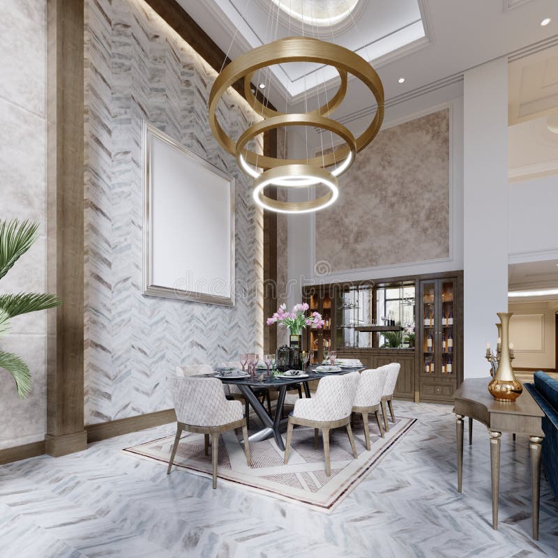 Designer Dining Table in a Luxurious Interior with High Ceilings and a ...