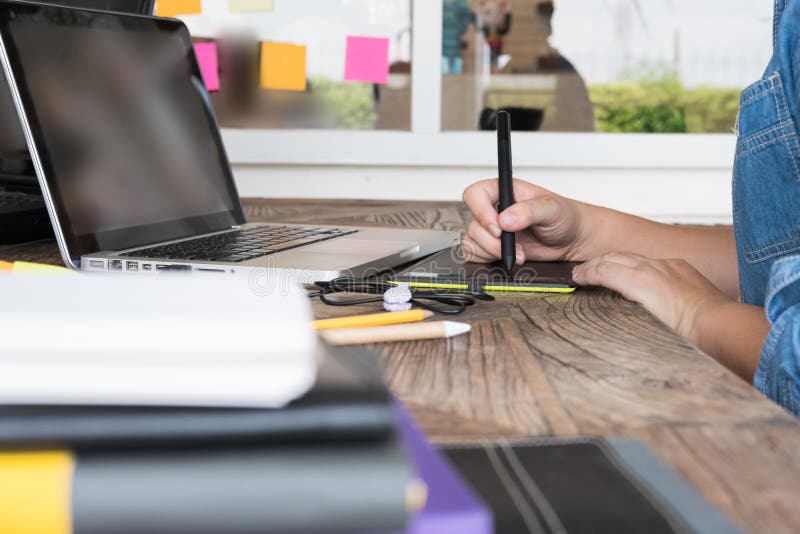 Designer Drawing on Graphic Tablet at Office. Artist Working Wit Stock ...