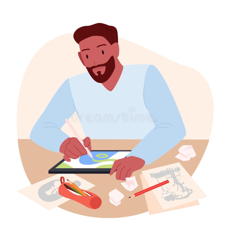 Designer Drawing on Graphics Tablet, Artist Sitting at Table with ...