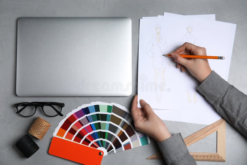 Designer Drawing Sketch at Grey Stone Table Stock Photo - Image of ...