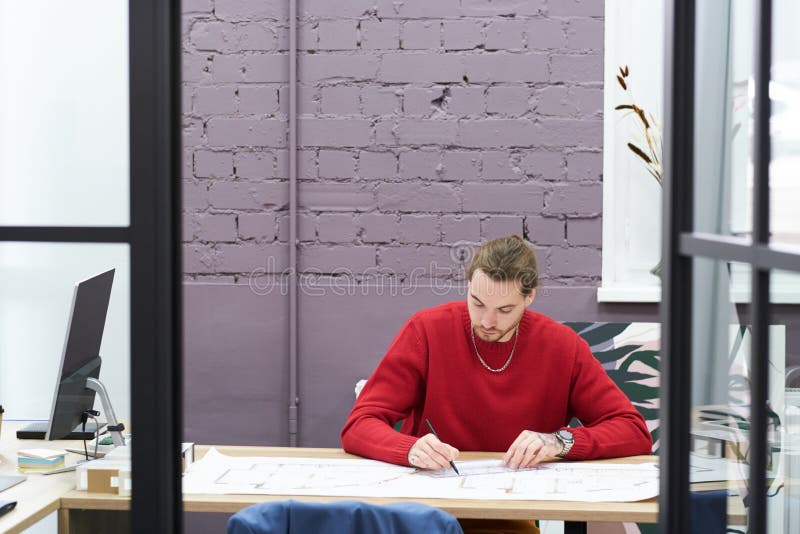 Designer Drawing Sketch Plan at Office Stock Image - Image of layout ...