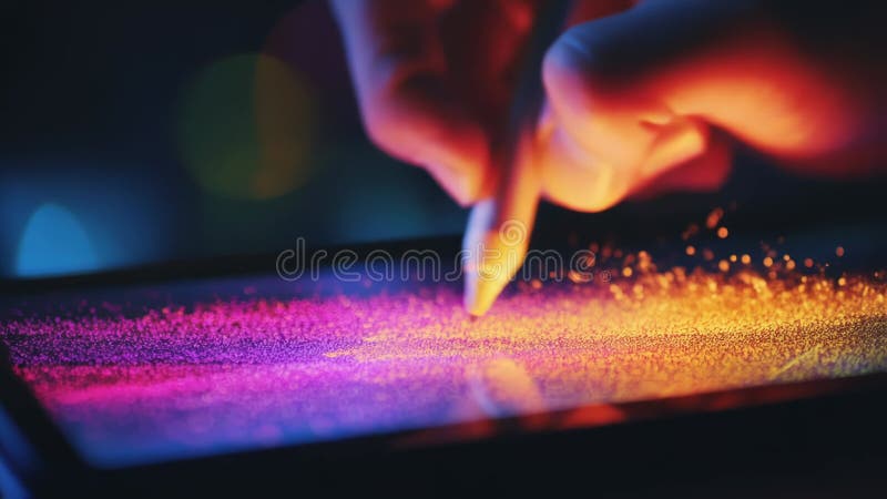 Designer Drawing with Stylus on Interactive Screen with Colorful ...