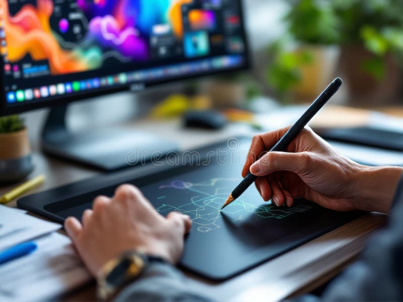 Designer Drawing with Stylus Pen on a Digital Graphics Tablet Stock ...