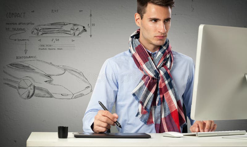 Designer draws a model car stock photo. Image of indoor - 41832042