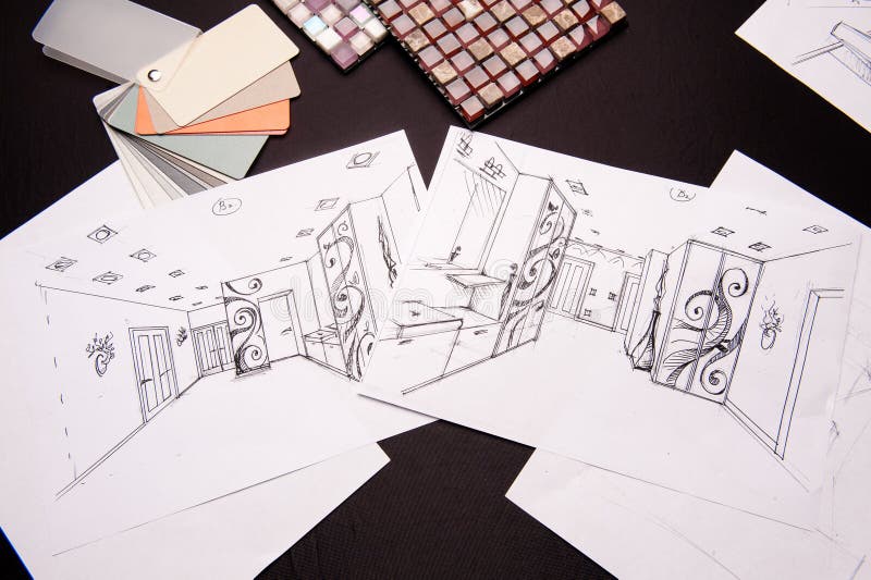 The Designer Draws a Project and Selects Materials Stock Image - Image ...