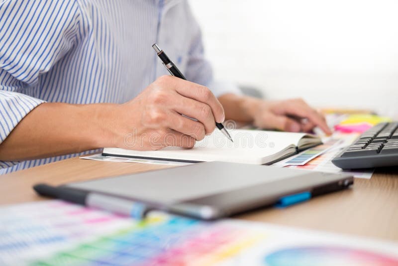 Designer Editor at Work Drawing Sketches a New Project on Graphic ...