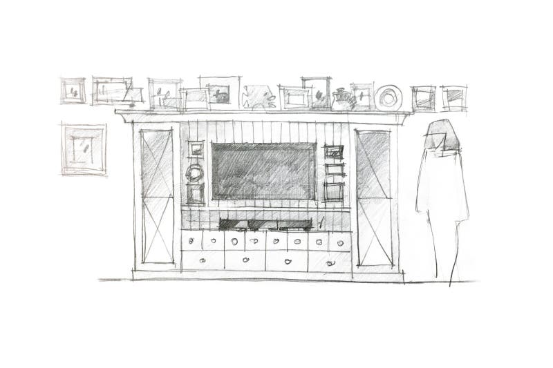 Designer Freehand Drawing of Variant for Wall Unit for Living Room ...
