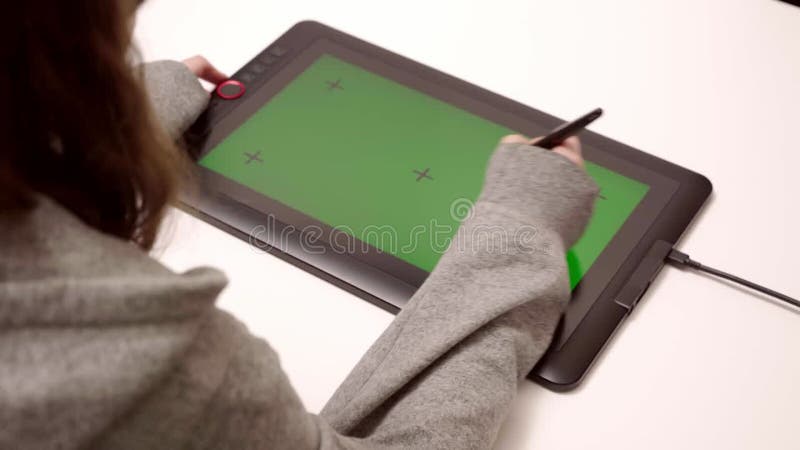 The Designer Girl Draws on a Graphic Tablet with a Green Screen Stock ...