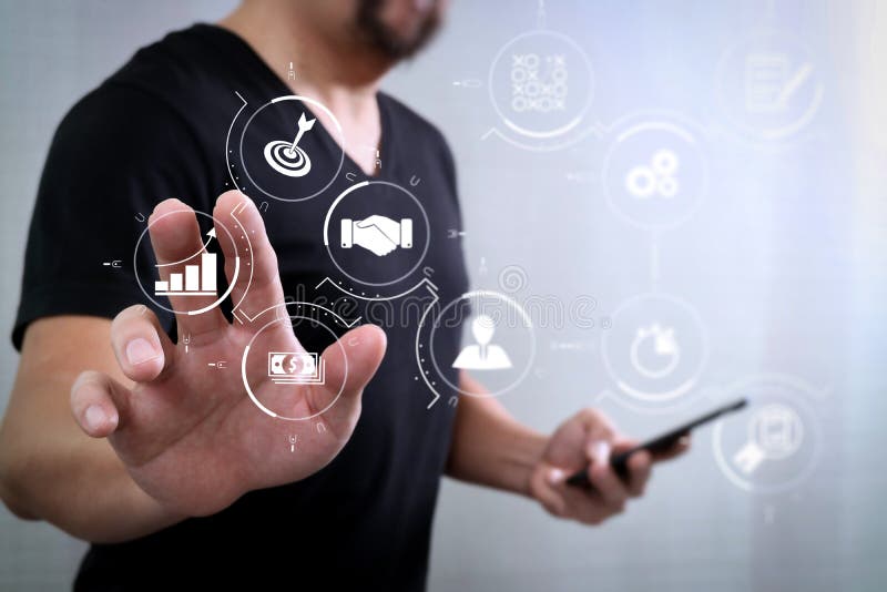 Designer Hand Pressing an Imaginary Button,holding Smart Phone,digital ...