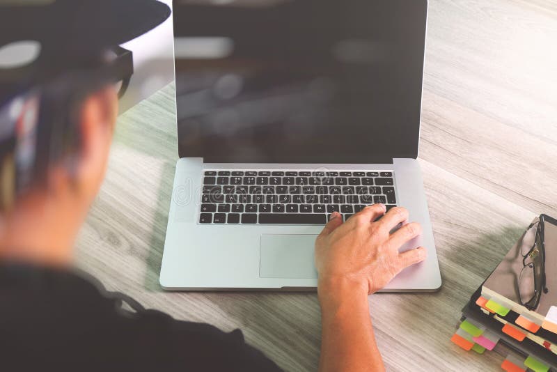 Designer Hand Working with Laptop Computer on Wooden Desk As Res Stock ...