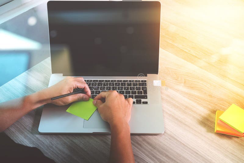 Designer Hand Working with Laptop Computer on Wooden Desk As Res Stock ...