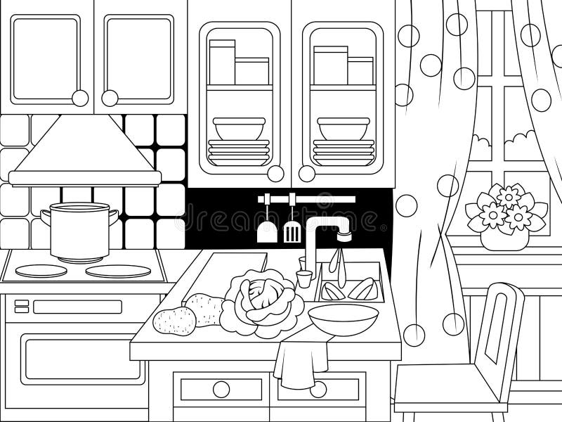 Designer Kitchen Interior. Vector Illustration, Coloring Book. Stock ...