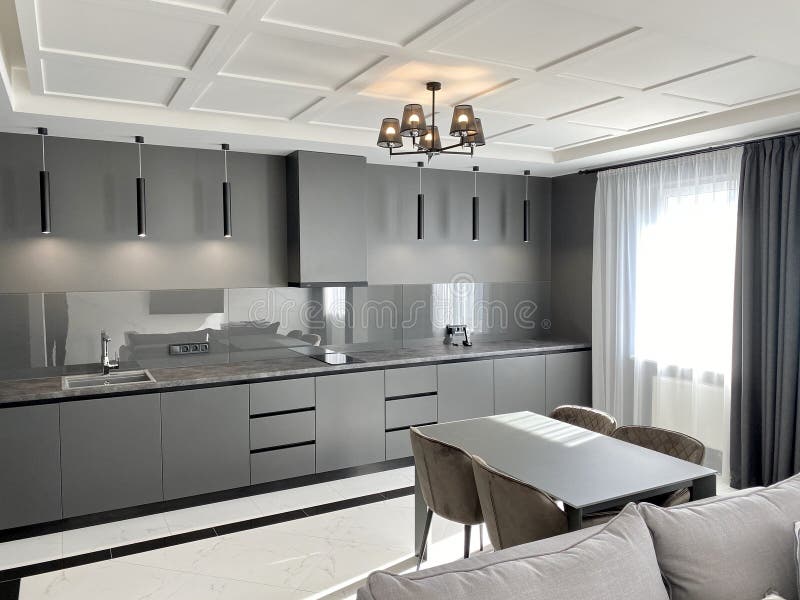 Designer Kitchen Studio in Black Style Stock Image - Image of chairs ...