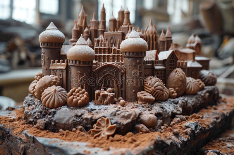 A Designer Large Handmade Chocolate Cake Castle Stands on the Table ...