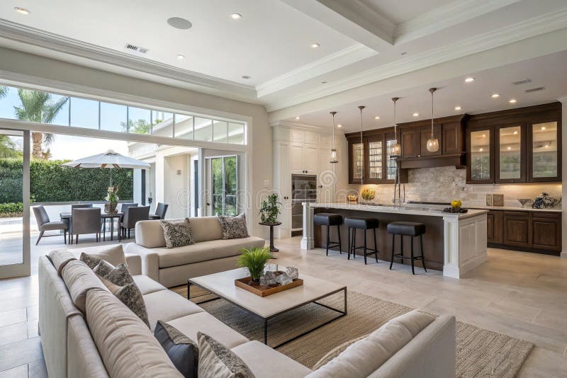 Designer Living Room with Kitchen in Open-plan Design Stock ...