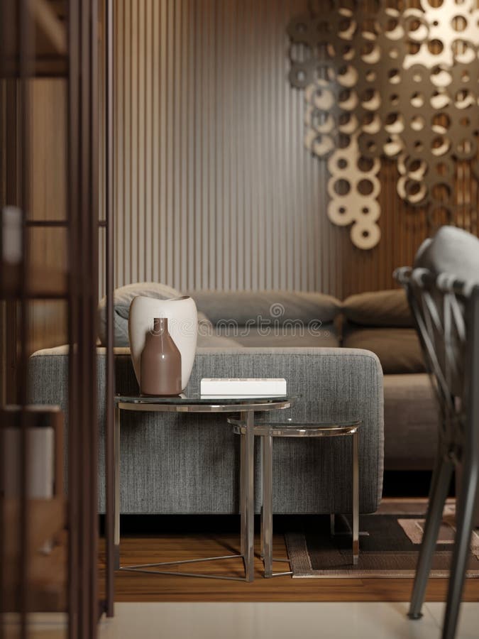 Designer Low Metal Side Tables on a Sofa with Decor Stock Illustration ...