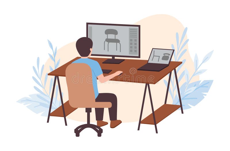 Designer Make Furniture Design, Vector Man in Studio with Computer and ...