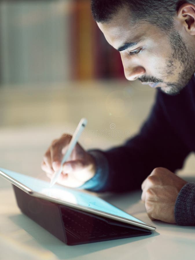 Designer Man, Drawing and Tablet in Office for Work in Creative ...