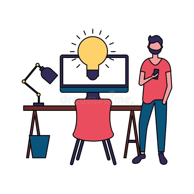 Designer Man With Mobile Computer Workplace Stock Vector Illustration