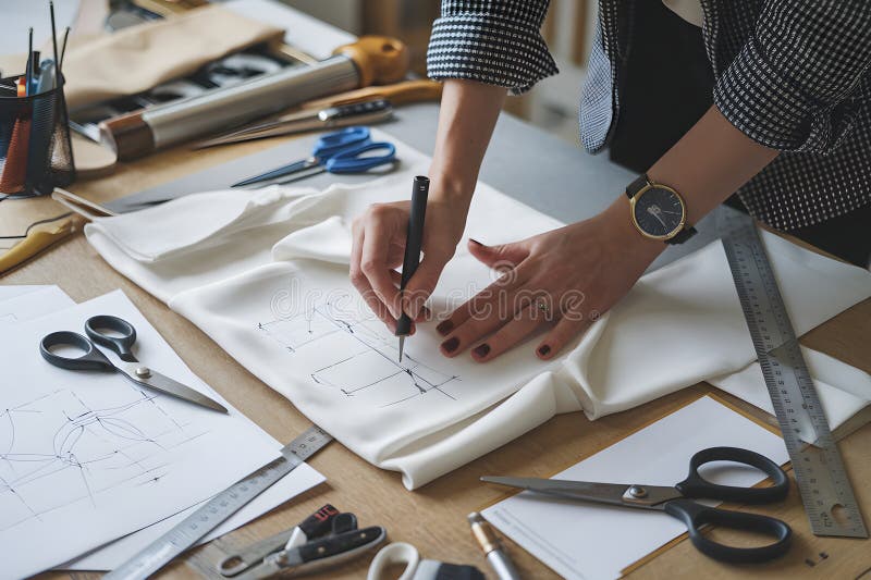 Designer Marks Fabric on Table with Tools and Sketches, Hands Focus on ...