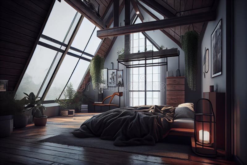 Designer Master Bedroom in Loft Style. AI Generated Stock Illustration ...