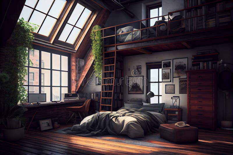Designer Master Bedroom In Loft Style Ai Generated Stock Illustration