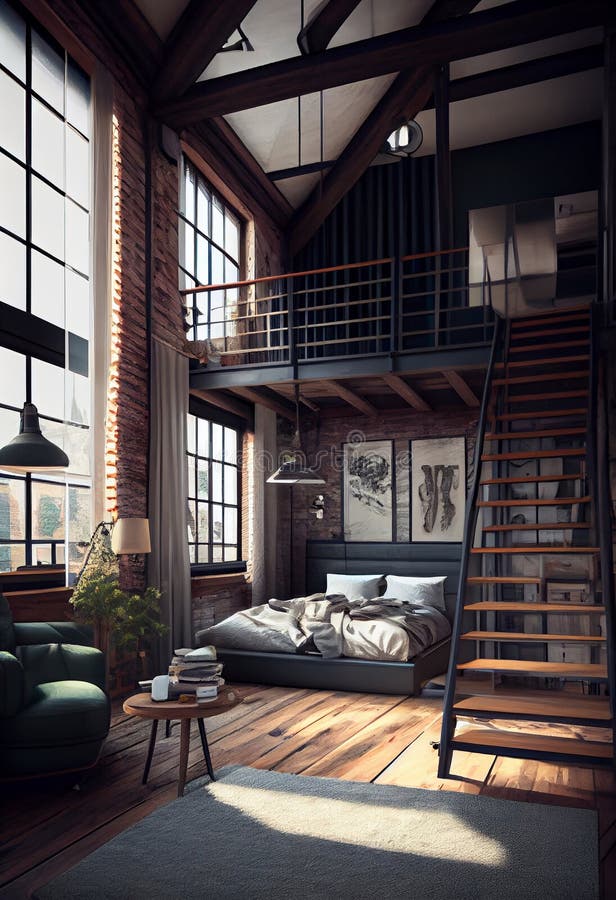 Designer Master Bedroom in Loft Style. AI Generated Stock Illustration ... Designer Master Bedroom in Loft Style. AI Generated Stock Illustration ...