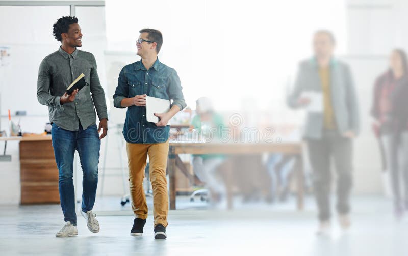 Designer, Man and Laughing with Discussion in Office Building for ...