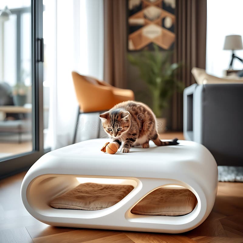 A Designer Pet Bench with Soft Padding a Cat Playing with a Toy on Top ...