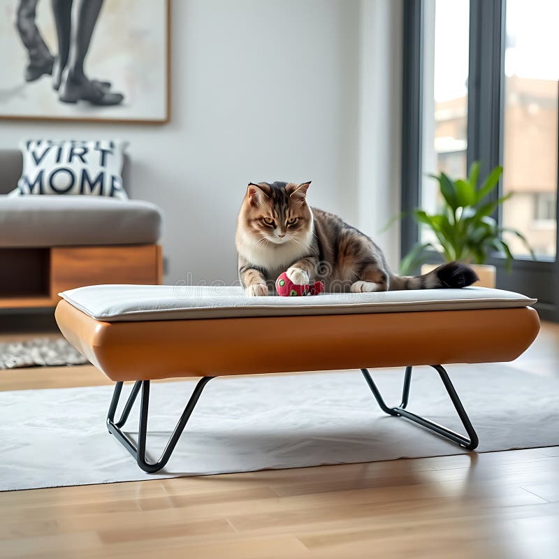 A Designer Pet Bench with Soft Padding a Cat Playing with a Toy on Top ...