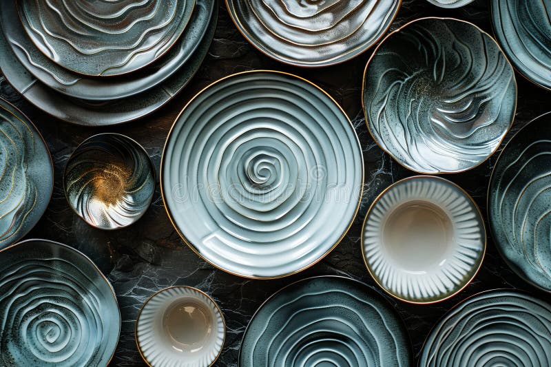 Designer Plates Arranged on Table Stock Illustration - Illustration of ...