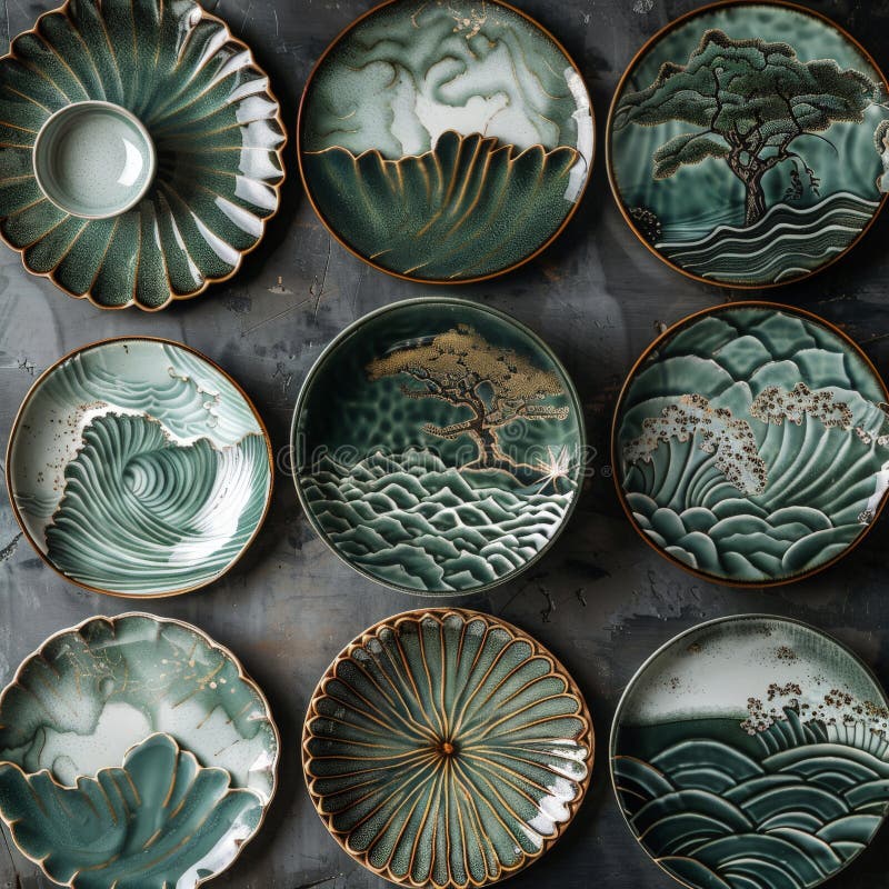 Designer Plates Arranged on Table Stock Illustration - Illustration of ...