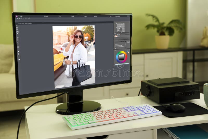 Designer`s Workplace. Computer with Photo Editor on Table Indoors Stock ...