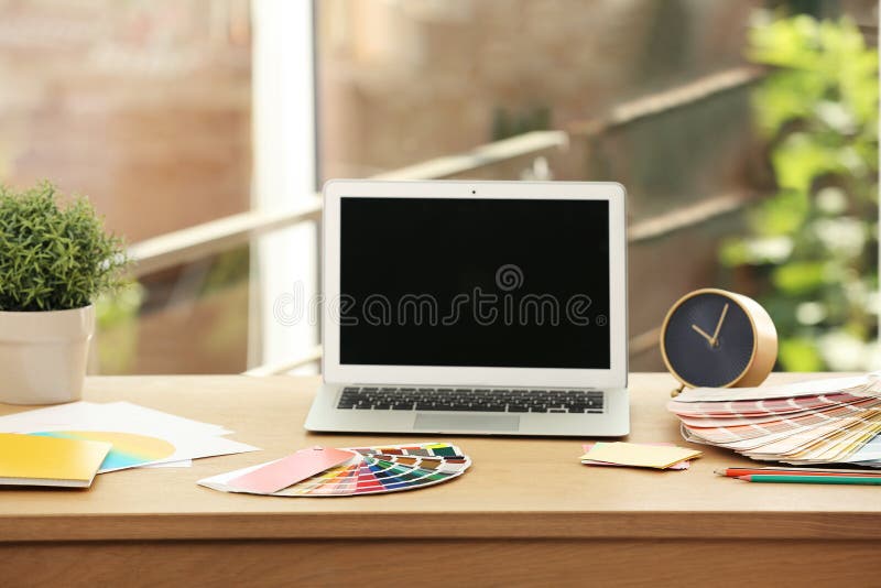Designer`s Workplace with Laptop and Paint Color Palette Stock Image ...