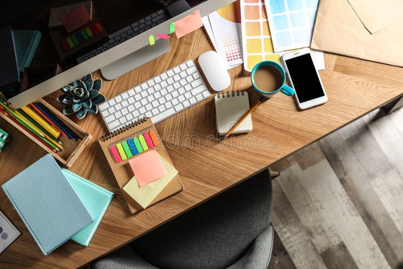 Designer`s Workplace with Modern Computer and Color Palettes Stock ...