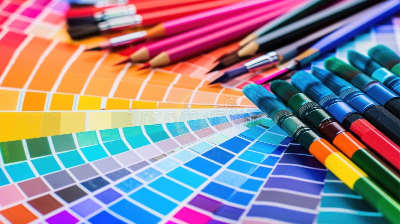 A Designer S Workspace Featuring a CMYK Color Chart and Digital Stock ...